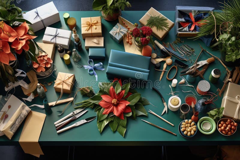 Overhead View of a Gift-wrapping Station with Supplies Stock ...