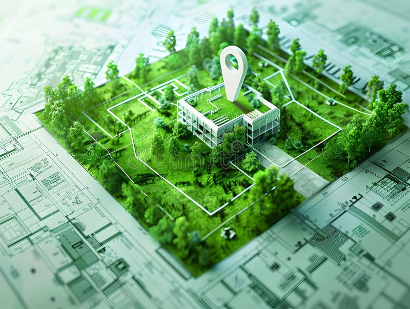 Overhead View of a Green Land Plot with Location Pin Icon Architectural ...