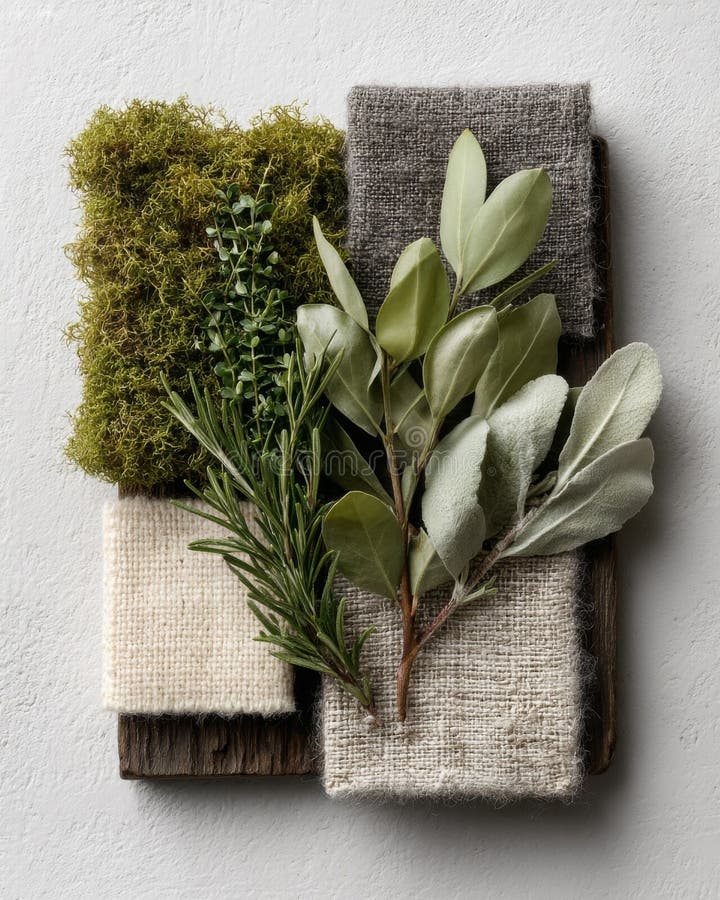 Overhead View of Green Moss and Gray Fabric on Wood Stock Illustration ...