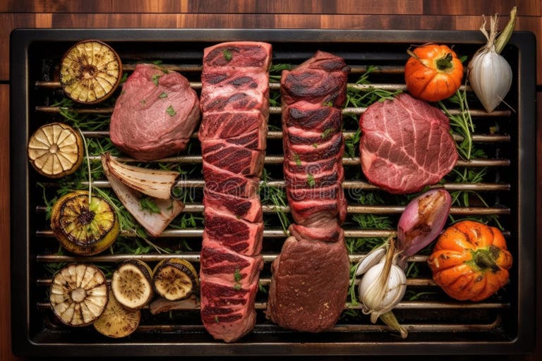 Overhead View of a Grill Filled with Various Cuts of Steak Stock Photo ...