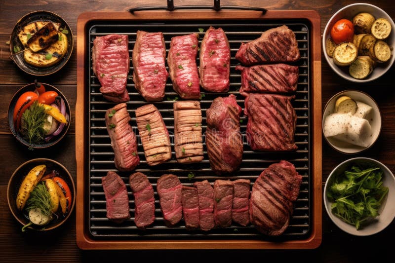 Overhead View of a Grill Filled with Various Cuts of Steak Stock ...