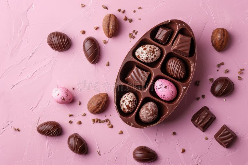 Overhead View of Half a Chocolate Easter Egg Full of Sweet Chocolate ...