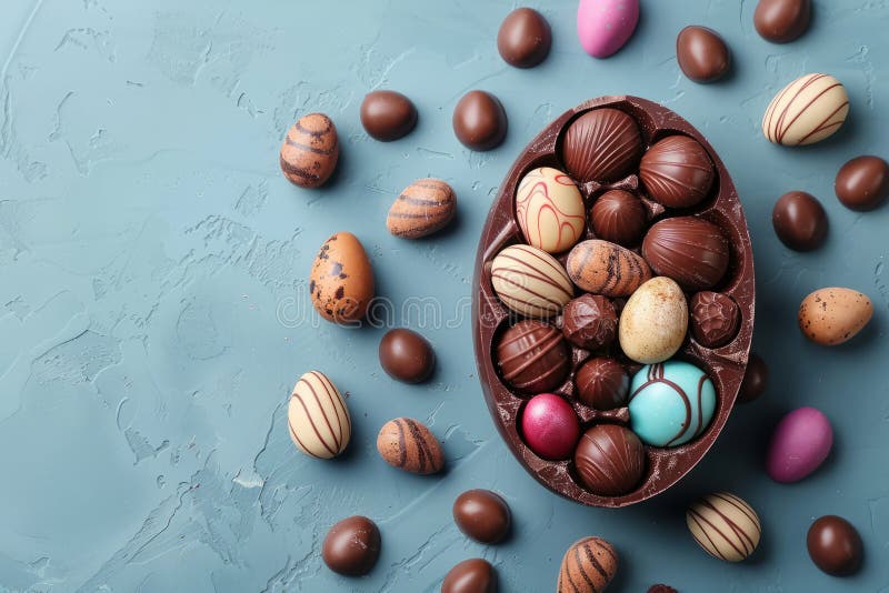 Overhead View of Half a Chocolate Easter Egg Full of Sweet Chocolate ...