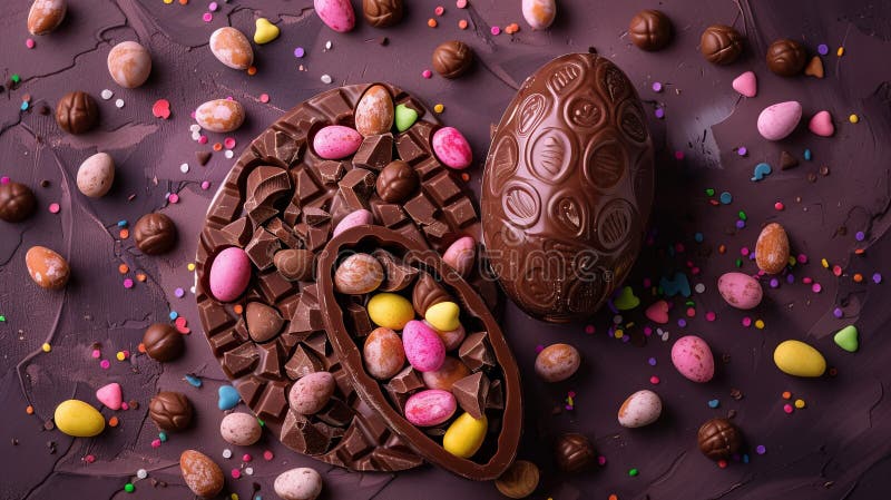 Overhead View of Half a Chocolate Easter Egg Full of Sweet Chocolate ...