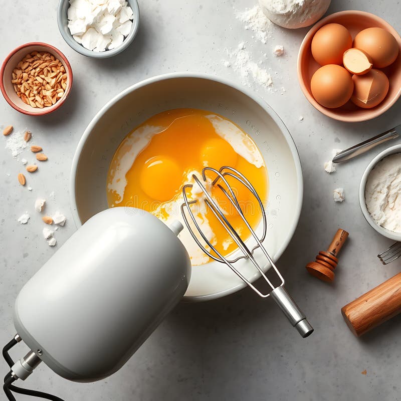 Overhead View of a Hand Mixer Beating Eggs in a Bowl with Scattered ...