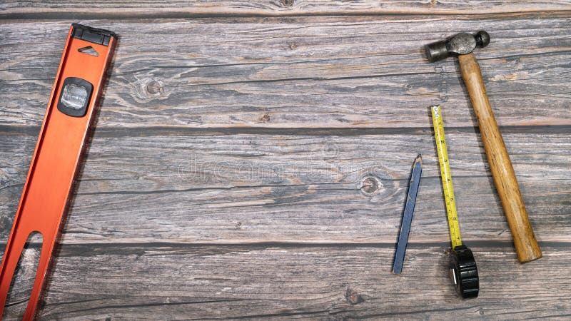 Overhead View of Hand Tools on a Wood Work Bench. Stock Image - Image ...