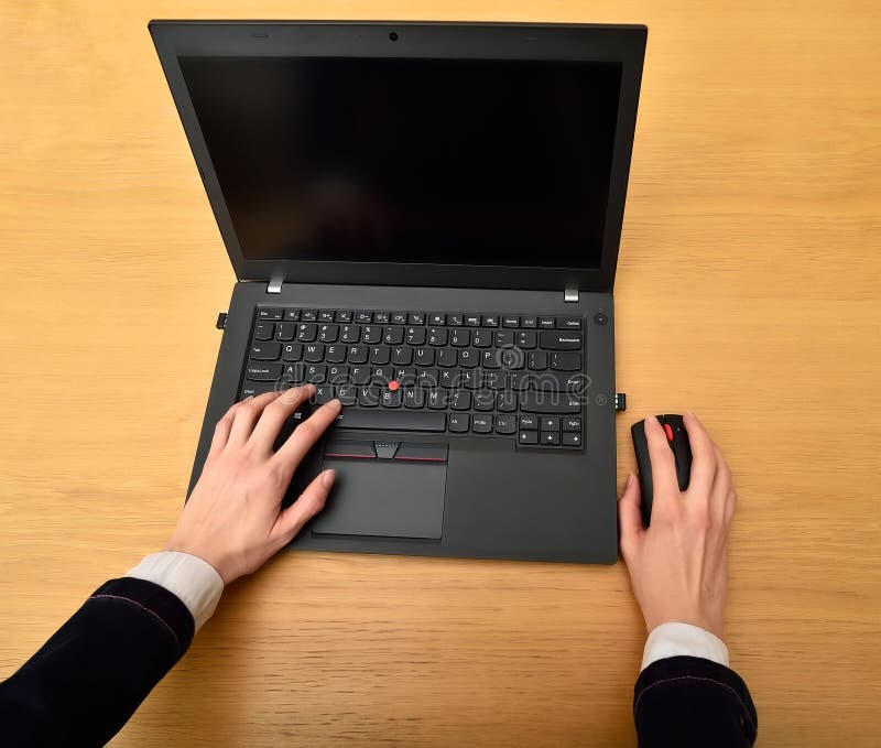 Overhead View of Hand Working at Computer in Office. Stock Photo ...