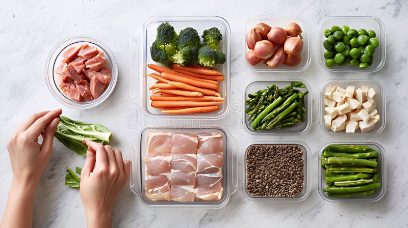 Overhead View of Hands Preparing Healthy Meal Prep Ingredients in ...