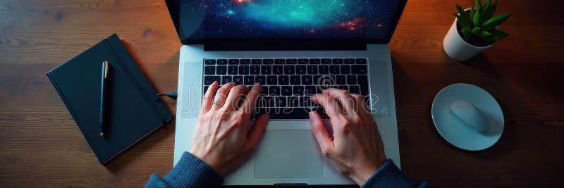 Overhead View of Hands Typing on Laptop Keyboard Closeup Learning ...
