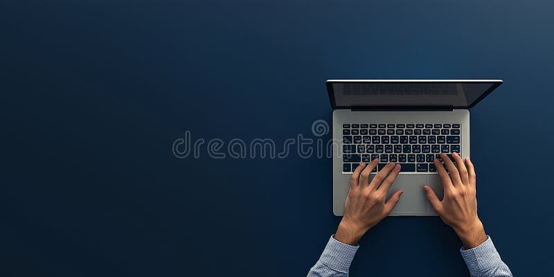 Overhead View of Hands Typing on Laptop Over Dark Blue Background Stock ...