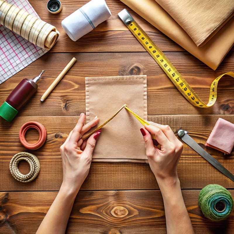 Overhead View of Hands Using Measuring Tape and Tool on Fabric Stock ...