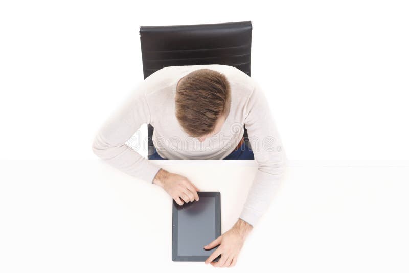 Overhead View of a Handsome Guy Working with Tablet Computer in Office ...