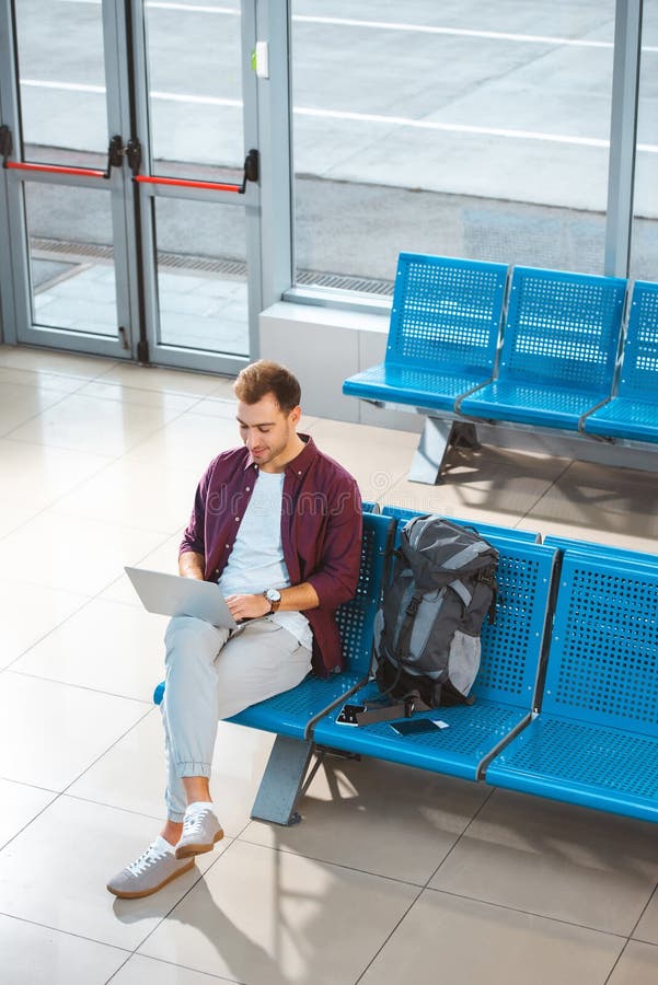 Overhead View of Handsome Man Using Laptop while Sitting in Stock Image ...