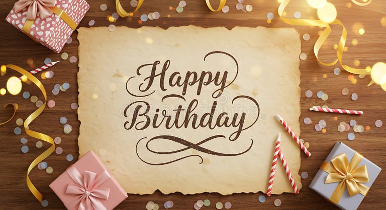 Overhead View of a Happy Birthday Message on Parchment with Presents ...