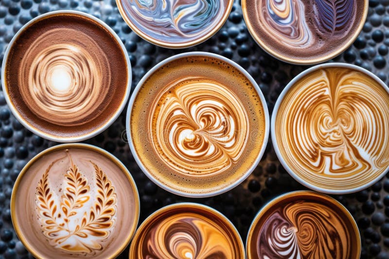 Overhead View of Intricate Coffee Latte Art Patterns Stock Illustration ...