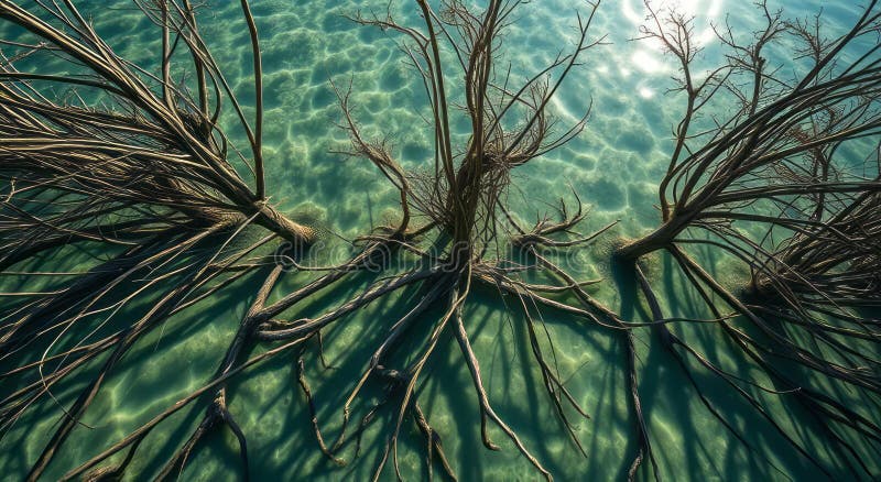 An Overhead View of the Intricate Network of Mangrove Roots in Clear ...