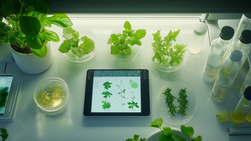 Lab Bench with Petri Dishes, Green Plant Samples, and Digital Tablets ...