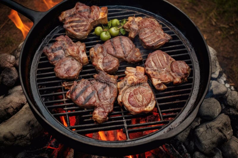 Overhead View of Lamb Chops Sizzling on a Campfire Grill Stock ...