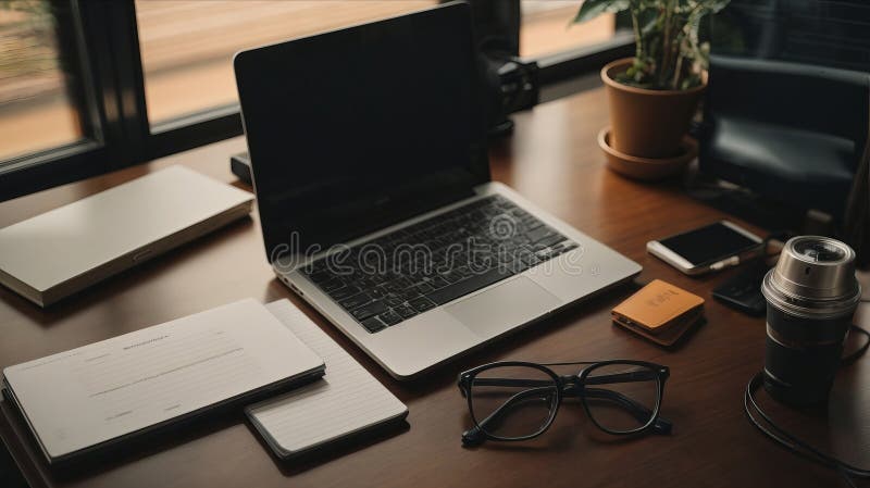 Overhead View of Laptop by Black Coffee and Eyeglasses on Desk in ...