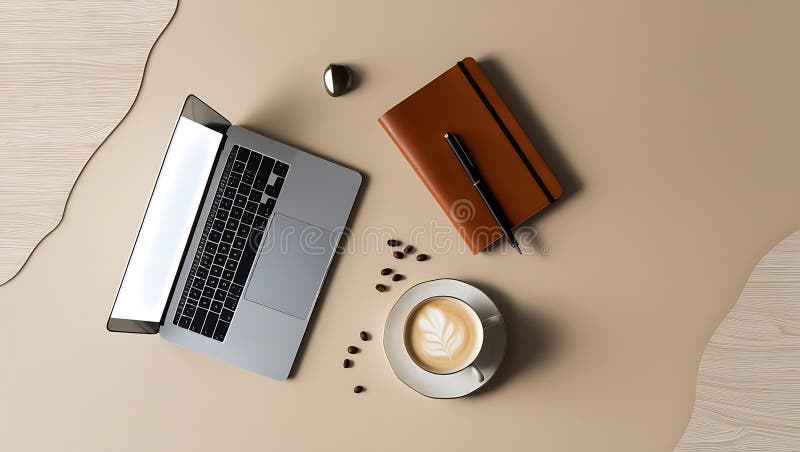 Overhead View of Laptop, Notebook, Coffee, and Beans on a Beige Surface ...