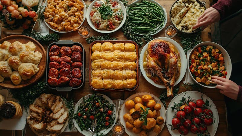 Overhead View of a Large Thanksgiving Dinner Table Laden with Various ...