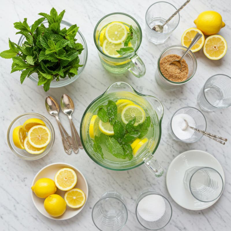 Overhead View of Lemonade Ingredients and Glassware Stock Illustration ...