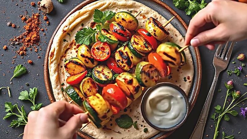 An Overhead View of a Light Meal Featuring Grilled Vegetable Skewers ...