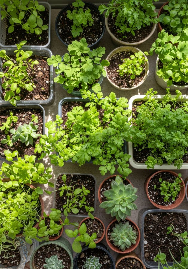 Overhead View of Lush Greenery in Small Pots Stock Illustration ...