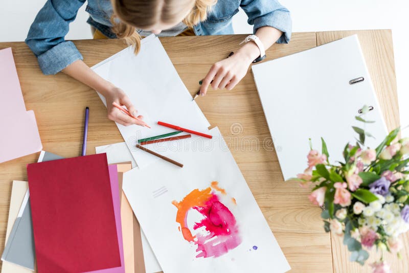 Overhead View of Magazine Editor Drawing Sketches Stock Image - Image ...