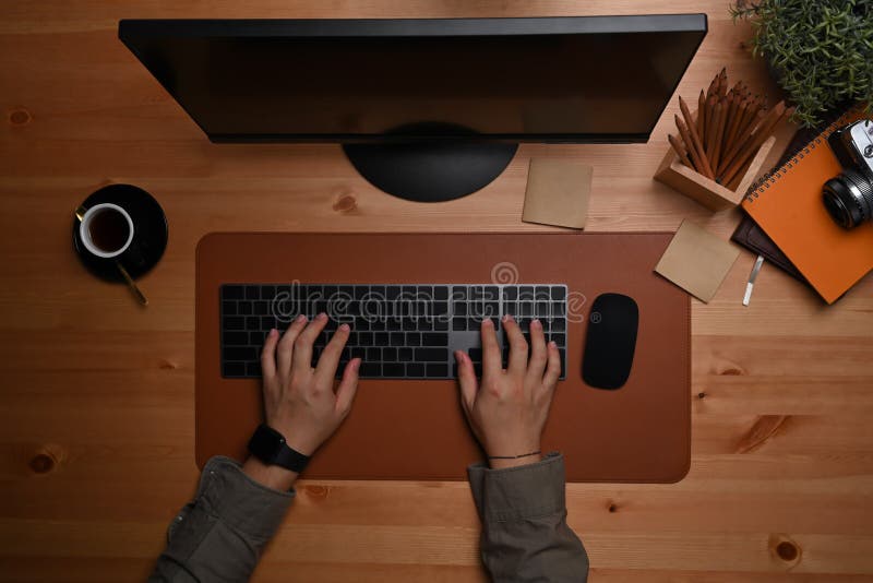 Overhead View of Man Hands Typing on Keyboard. Stock Photo - Image of ...