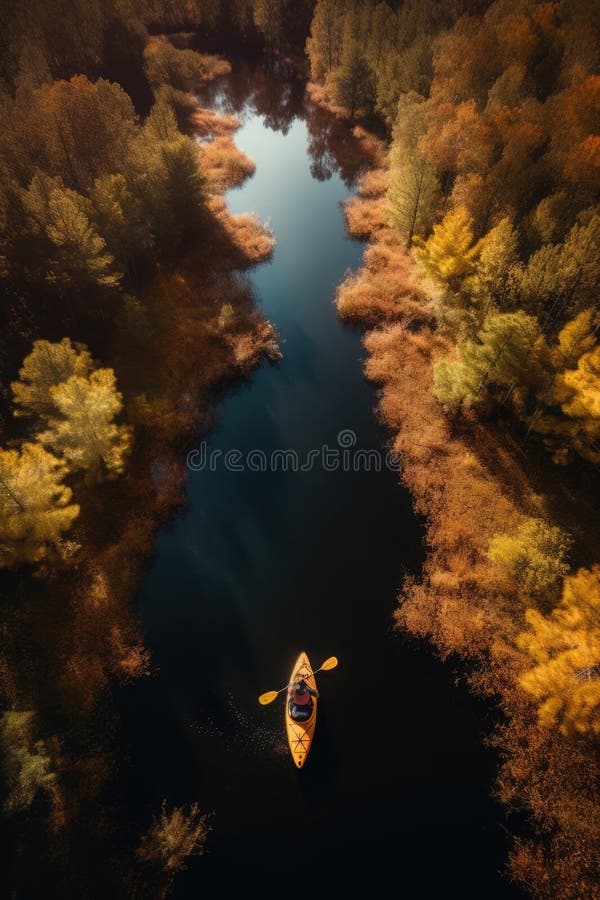 Overhead View of Man in Kayak on Calm Lake in Fall, Created Using ...