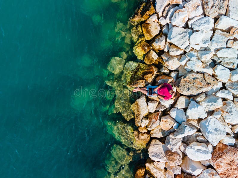 Overhead View Man with Laptop Working on Laptop Stock Image - Image of ...
