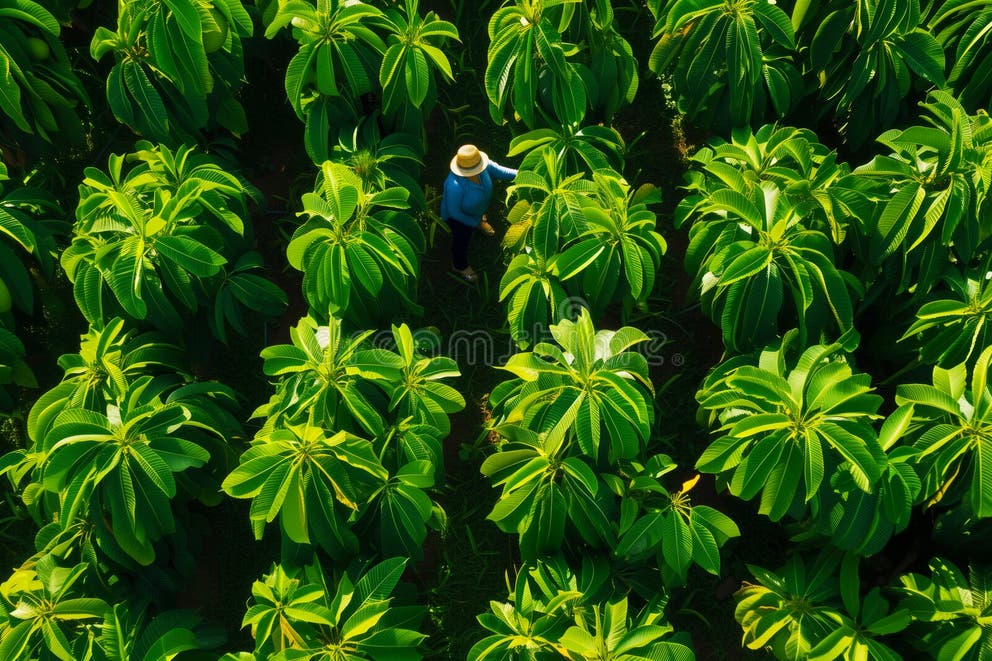 Overhead View of Mango Orchard with a Person Inspecting Stock Image ...