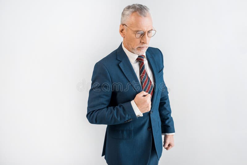 Overhead View of Mature Man in Suit and Glasses Standing Isolated Stock ...