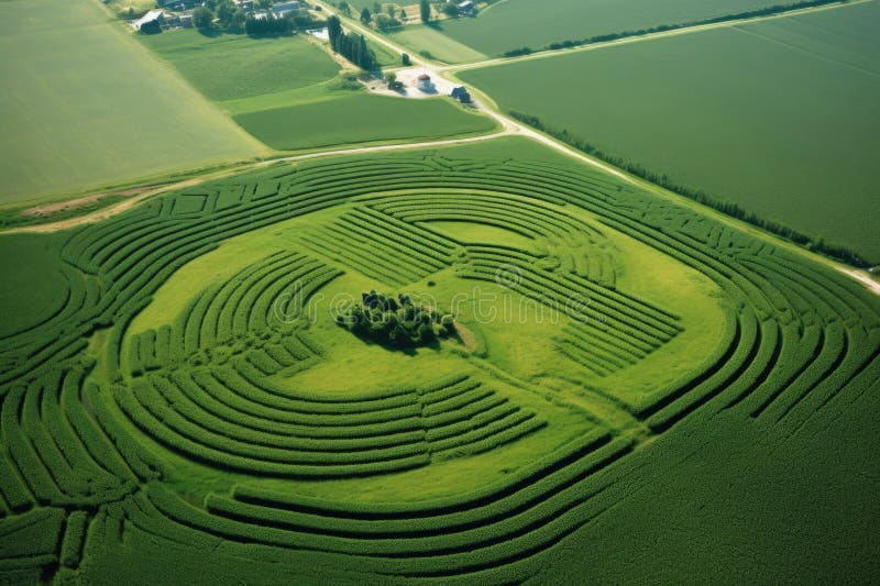 Overhead View of a Maze-like Crop Circle in a Green Field Stock ...