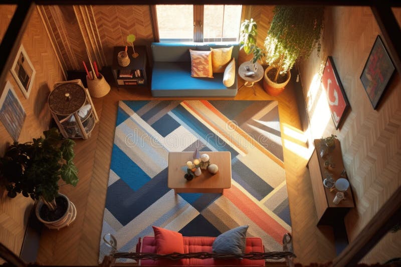 Overhead View of a Maze-like Rug Design in a Cozy Room Stock ...