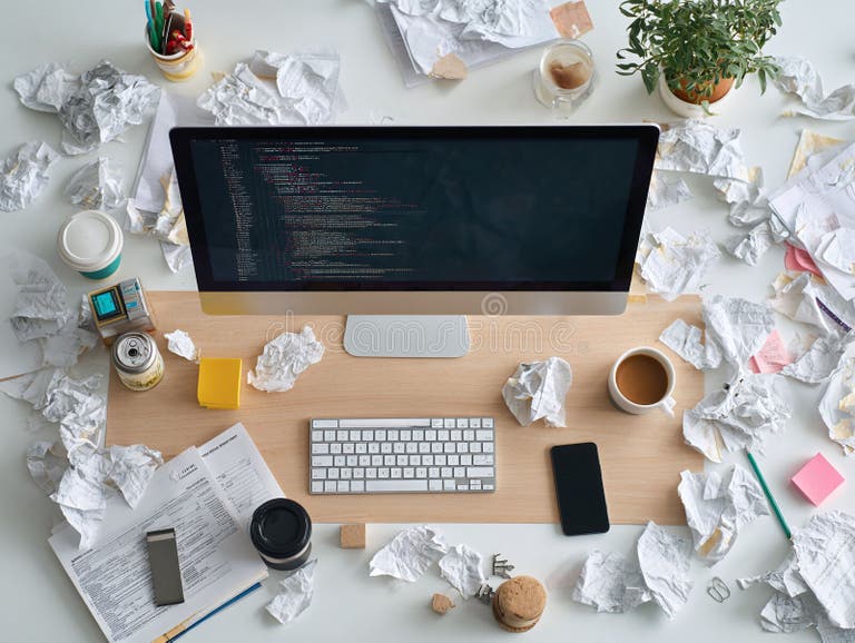 Overhead View of a Messy Desk with a Computer, Crumpled Paper, and Coffee. Represents Creative ...