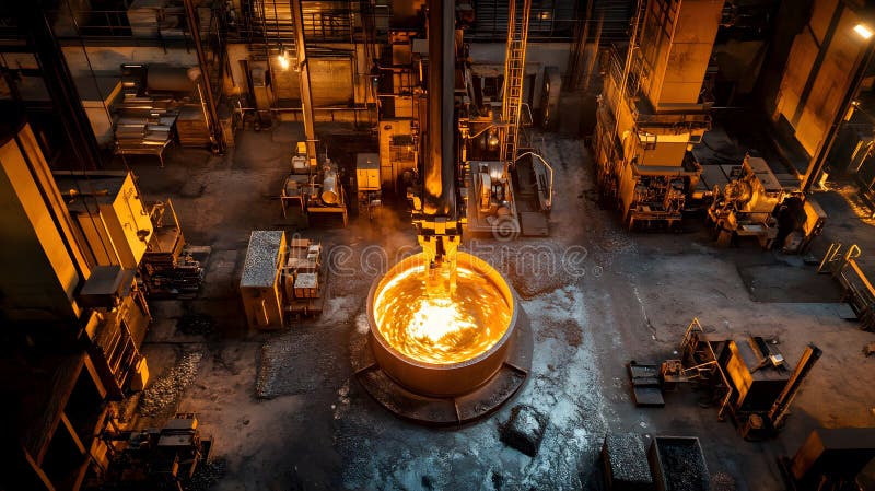 Overhead View of a Metal Processing Facility with Molten Metal Pouring ...