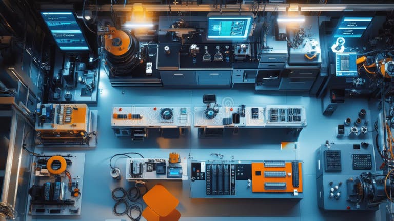 An Overhead View of a Microfactory Floor Featuring Modular Workstations ...