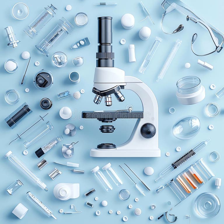 An Overhead View of a Microscope Surrounded by Various Scientific Lab ...