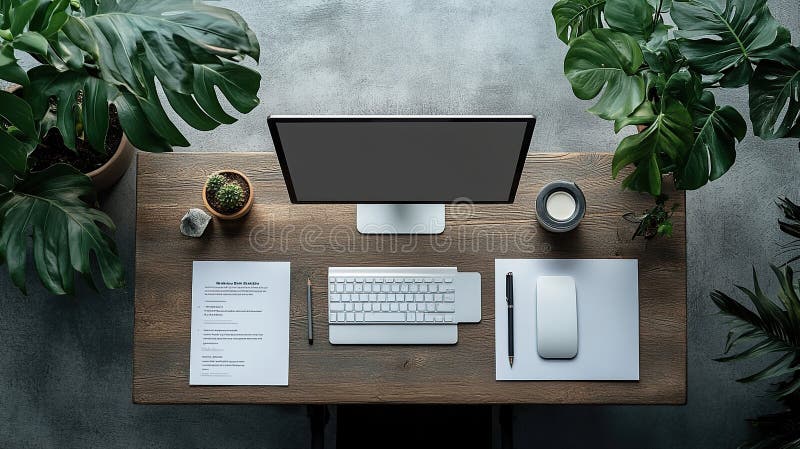 Overhead View of a Minimalist Workspace with Computer, Keyboard, Mouse ...