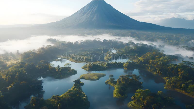 Overhead View of Misty Blue Lake and Dense Green Forest with a ...