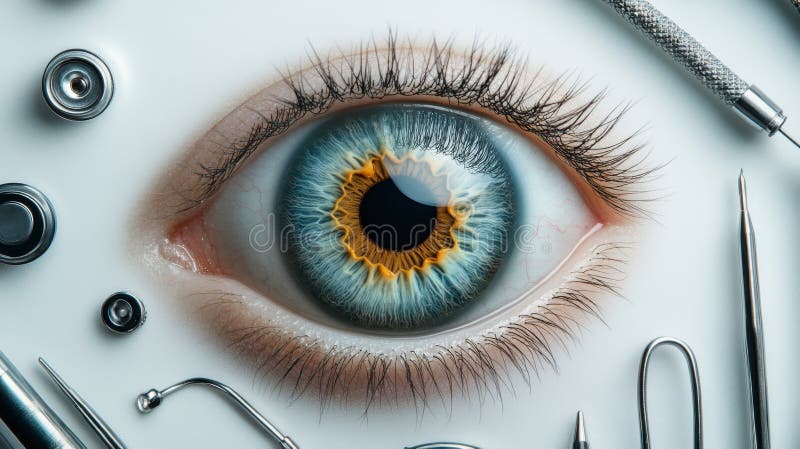 Overhead View of Model Eye with Hazel-Blue Iris on Operating Table Set ...