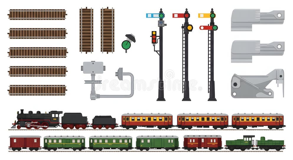 Model Train Set with Tracks, Signals, and Train Cars Stock Illustration ...