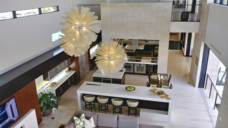 Overhead View of Modern Dining Room & Kitchen Stock Photo - Image of ...