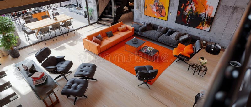 Overhead View of Modern Living Room with Computer Desk and Sofa Stock ...