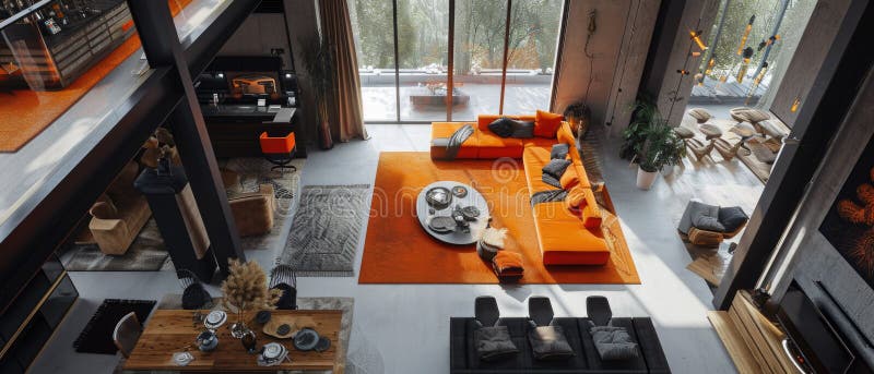 Overhead View of Modern Living Room with Computer Desk and Sofa Stock ...