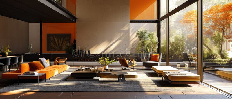 Overhead View of Modern Living Room with Computer Desk and Sofa Stock ...