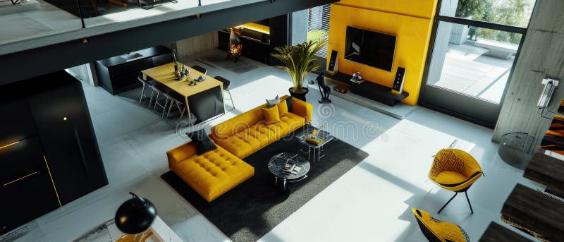 Overhead View of Modern Living Room with Computer Desk and Sofa Stock ...