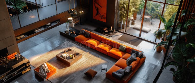 Overhead View of Modern Living Room with Computer Desk and Sofa Stock ...